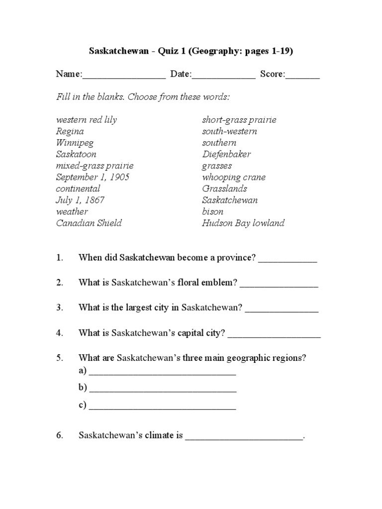 Saskatchewan Geography and History Quiz | PDF | Saskatchewan | Canadian ...