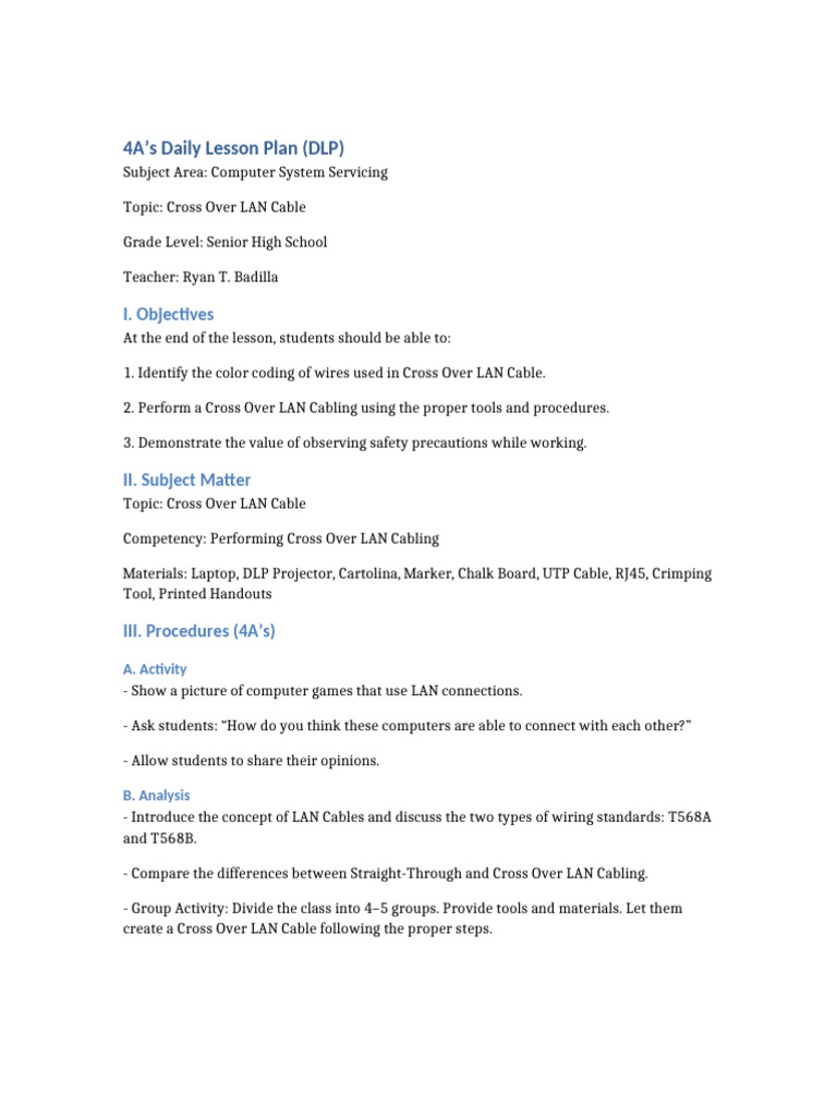 Cross Over LAN Cable Lesson Plan | PDF