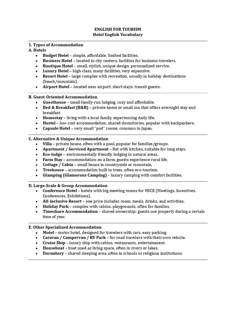 Hotel English Vocabulary | PDF | Hotel | Resort