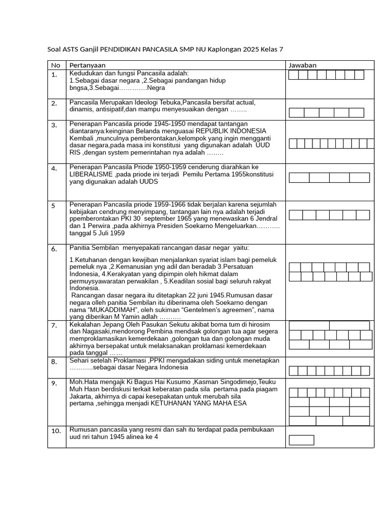 Soal Asts Ganjil Pendidikan Pancasila Smp Nu Kaplongan 2025 Kelas 7 Asan | PDF