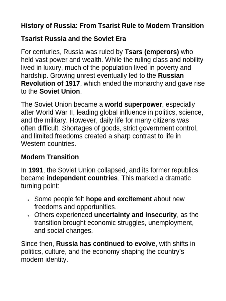 Russia's Journey: Tsars to Today | PDF
