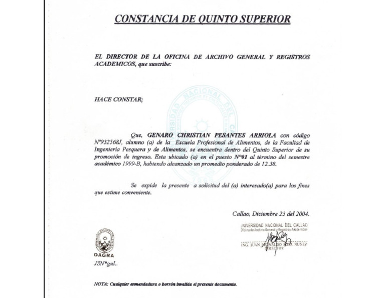 Constancia de Quinto Superior | PDF