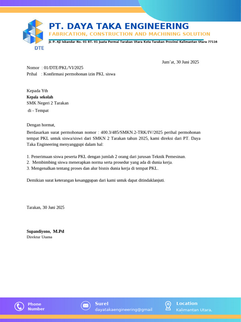 Konfirmasi Penerimaan Siswa PKL PT DTE | PDF