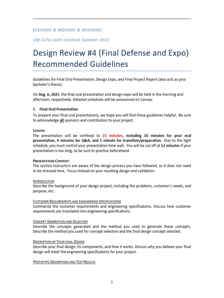 Design Review #4 (Final Defense and Expo) Recommended Guidelines - SU25 | PDF | Prototype | Concept