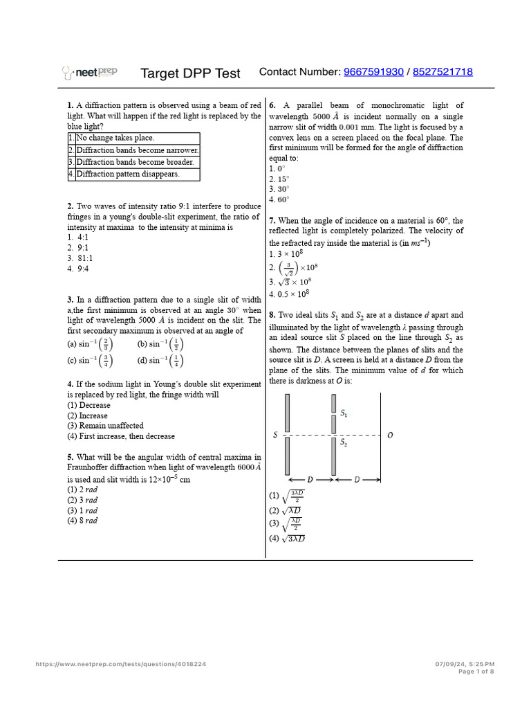 Diffraction and Interference Physics Quiz | PDF | Diffraction | Light