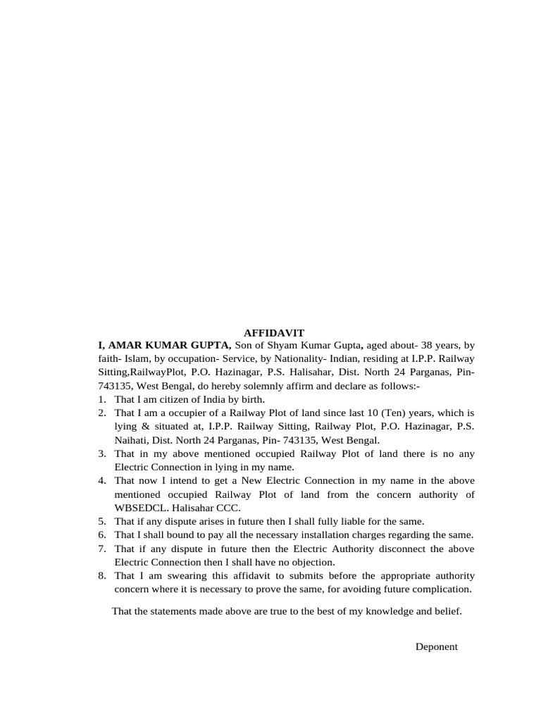 Affidavit for New Electric Connection | PDF