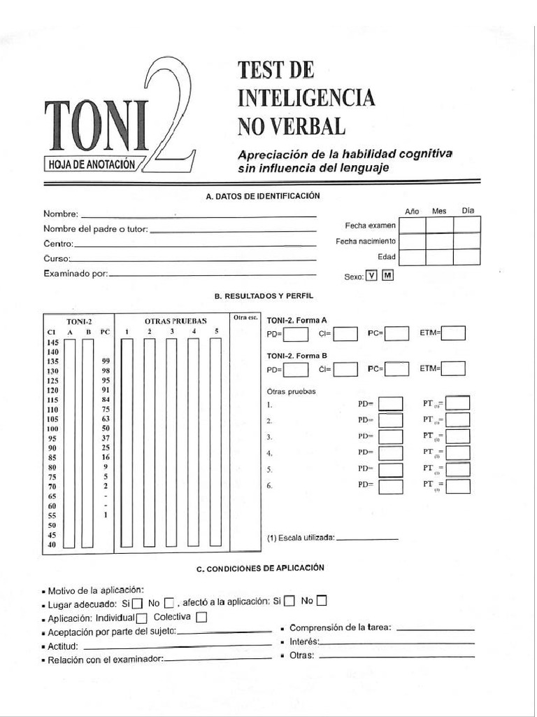 Test de Inteligencia No Verbal Toni 2 Forma A Forma B | PDF