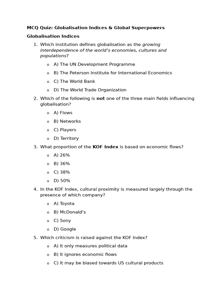 MCQ Quiz - Globalisation Indices & Global Superpowers | PDF ...