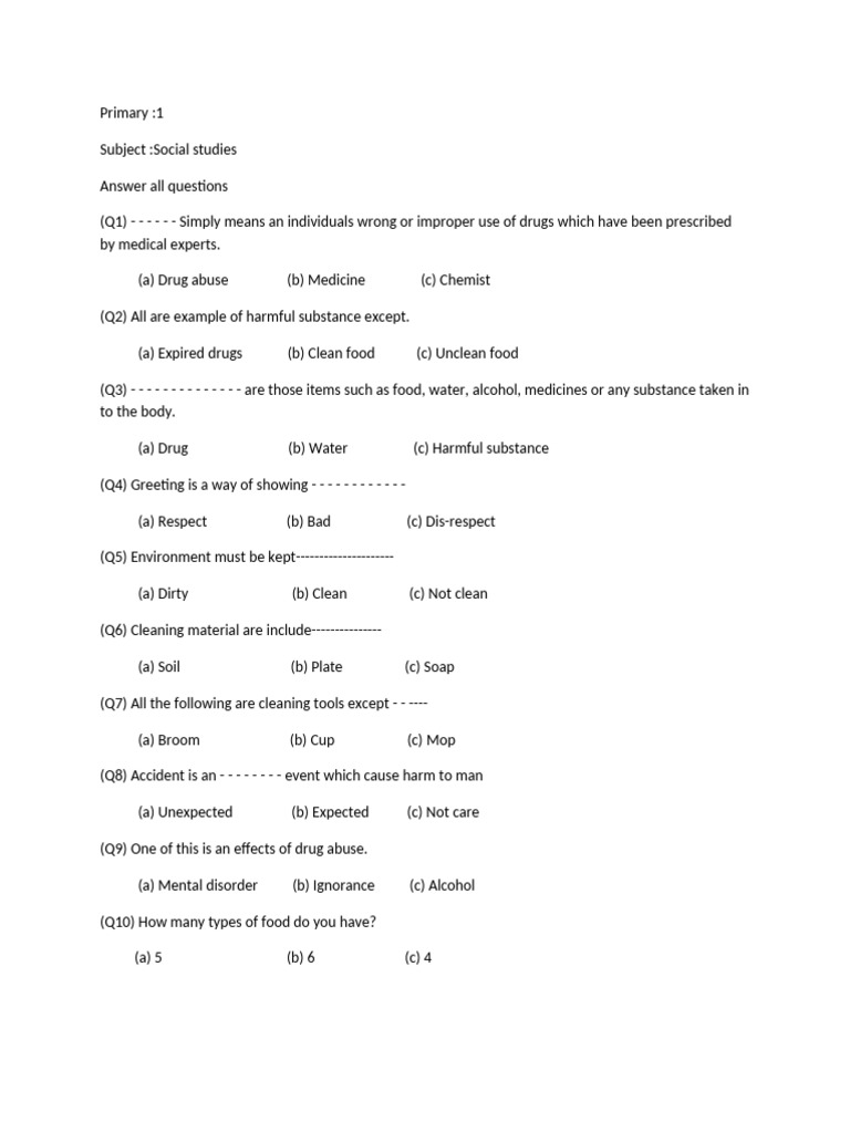 Primary 1 Social Studies Exam Questions | PDF