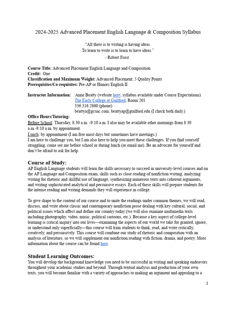 Fall 2024-25 AP English Language and Composition Syllabus | PDF ...