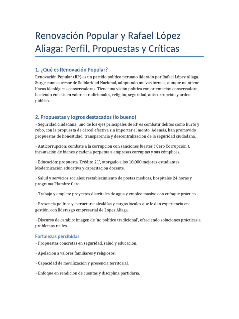 Renovacion Popular y Rafael Lopez Aliaga | PDF