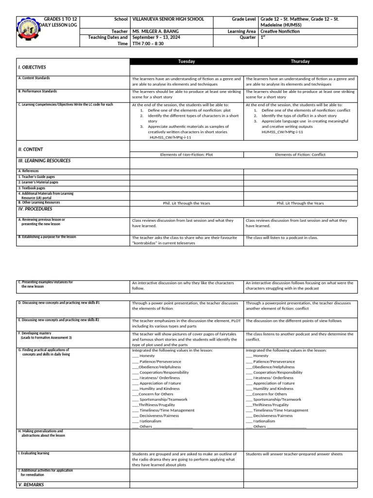 Grade 12 Creative Nonfiction Lesson Plan | PDF | Differentiated ...