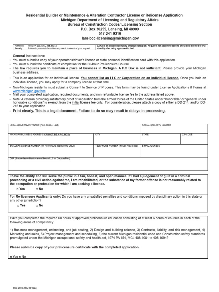Michigan Builder License Application Guide | PDF | Justice | Crime ...