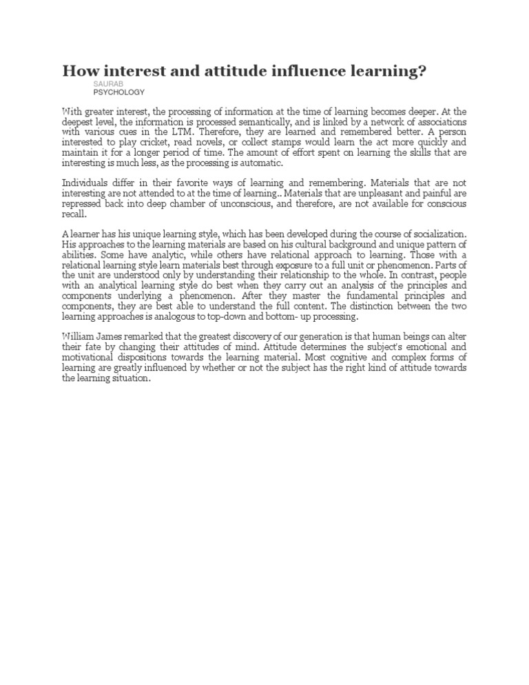 How Interest and Attitude Influence Learning | PDF