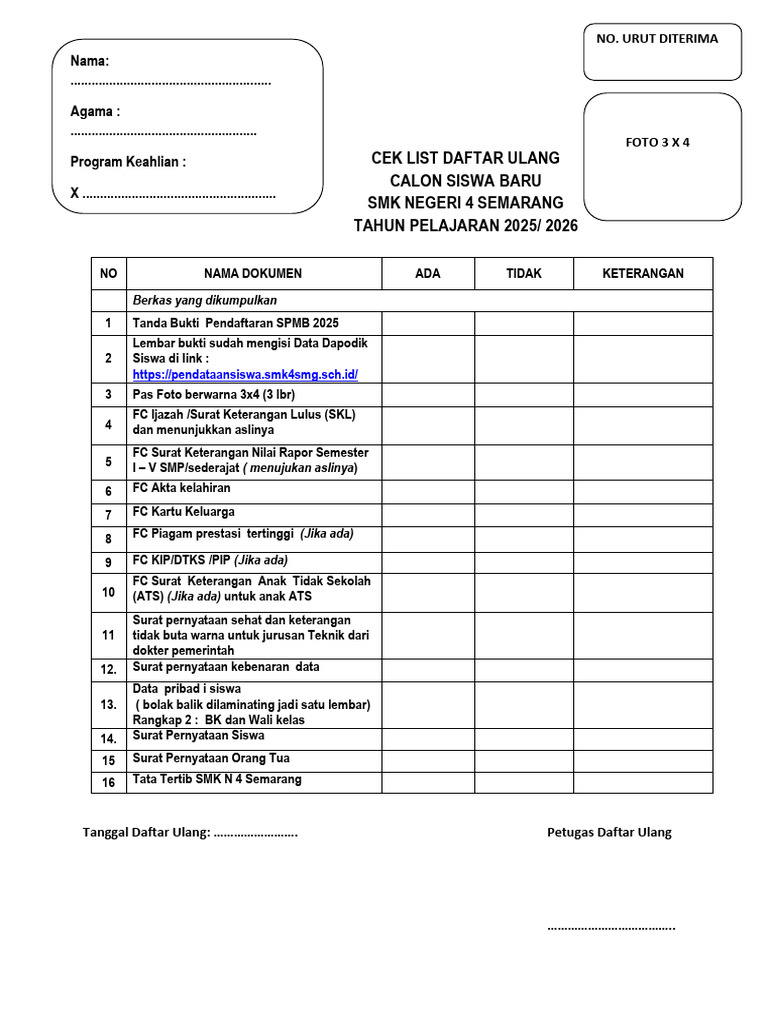 Cek List Daftar Ulang Siswa SMK 4 Semarang | PDF