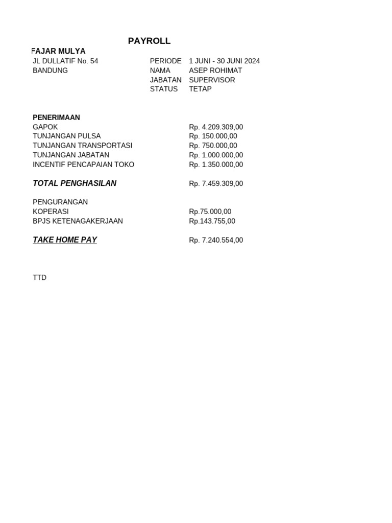 Rincian Gaji Asep Rohimat Juni 2024 | PDF