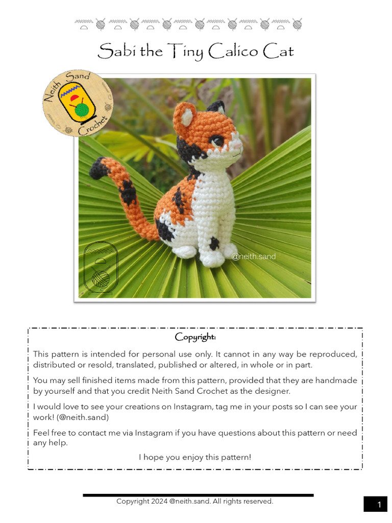 Sabi The Tiny Calico Cat - PDF Pattern by Neith Sand Crochet | PDF | Crochet | Embroidery