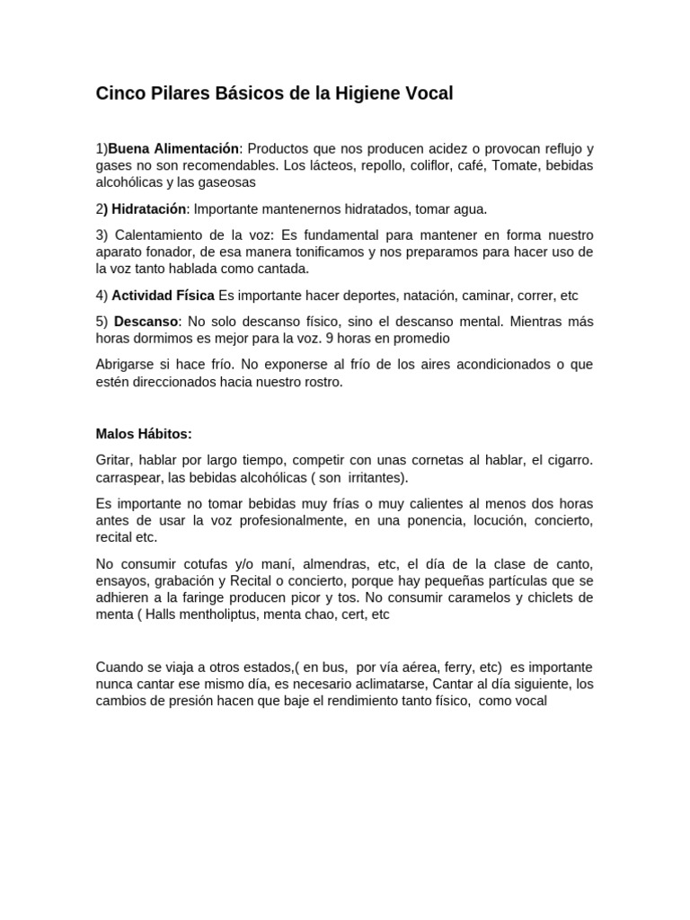 Cinco Pilares Basicos de La Higiene Vocal | PDF
