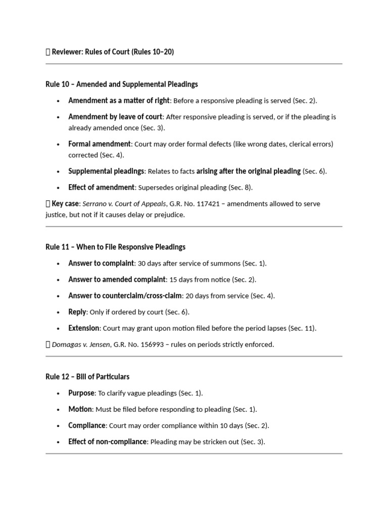 Reviewer Rule 10-20 Rules of Court | PDF | Lawsuit | Pleading
