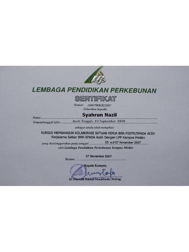 Sertifikat LPP - Syahrun LPP | PDF