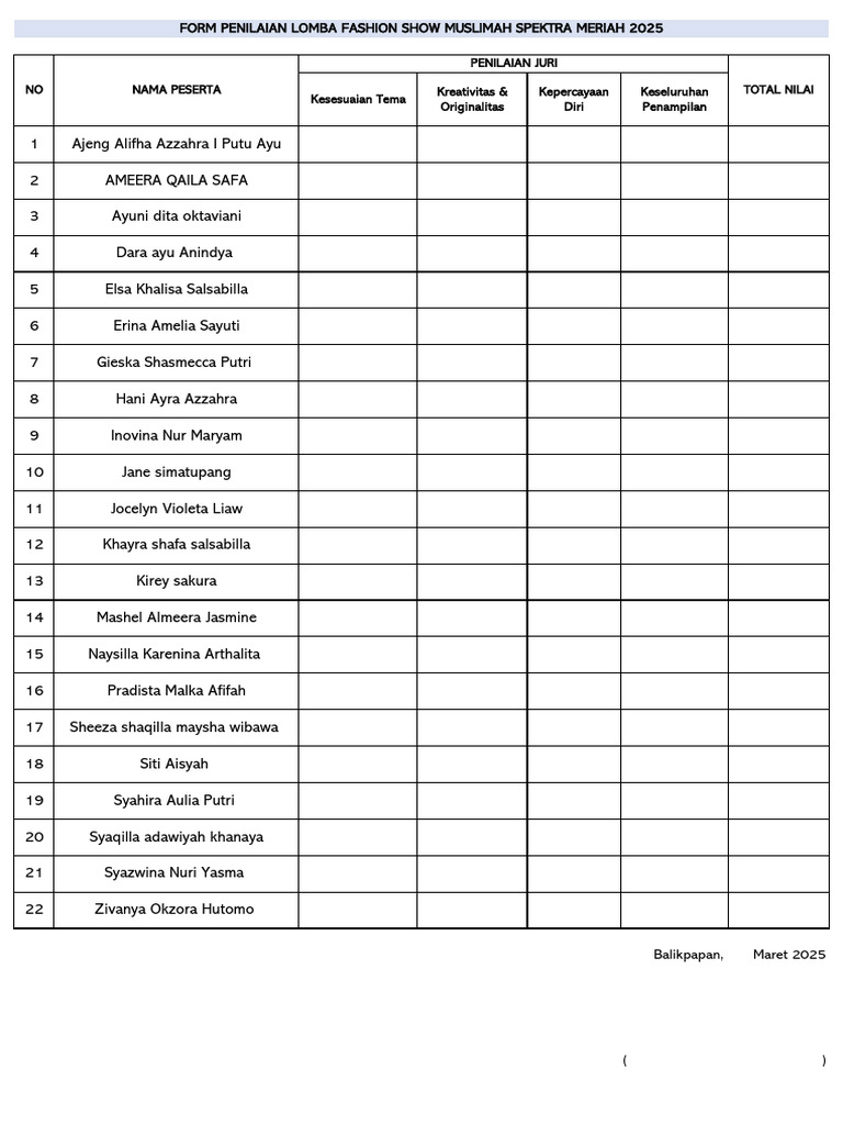 Form Penilaian Lomba FASHION SHOW (04 Maret 2025) | PDF