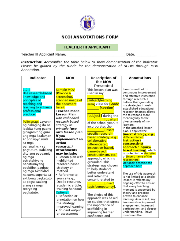 Sample Ncoi For Tiii Applicant | PDF | Lesson Plan | Learning