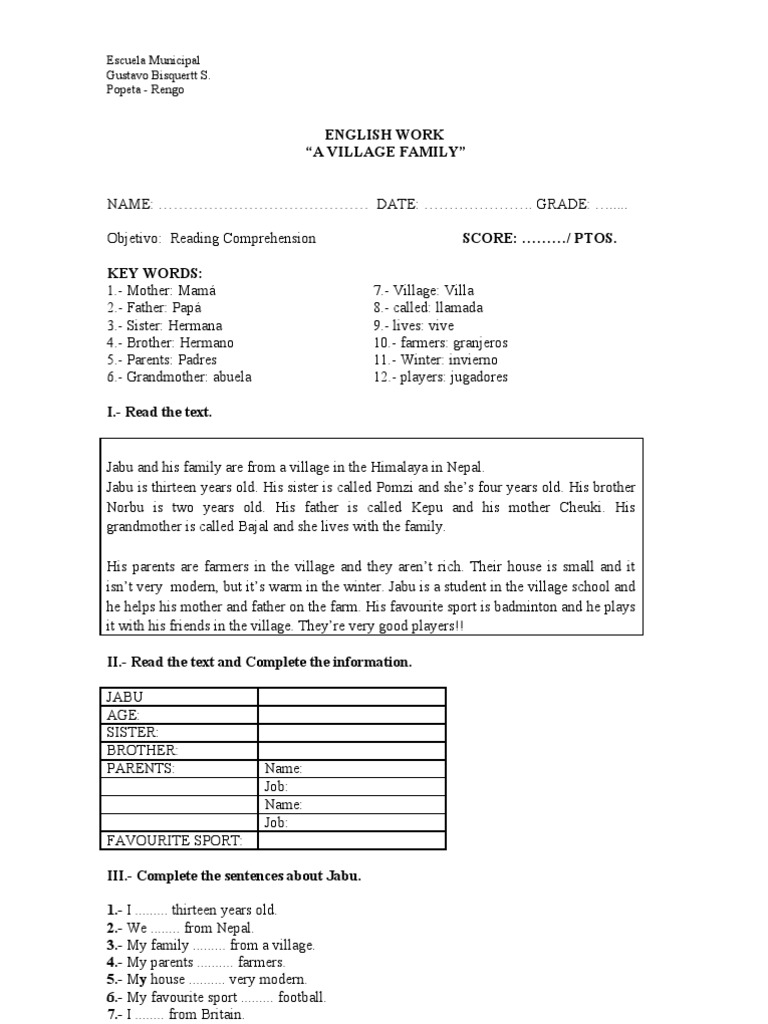 English Work - Reading Comprehension - A Village Family | PDF