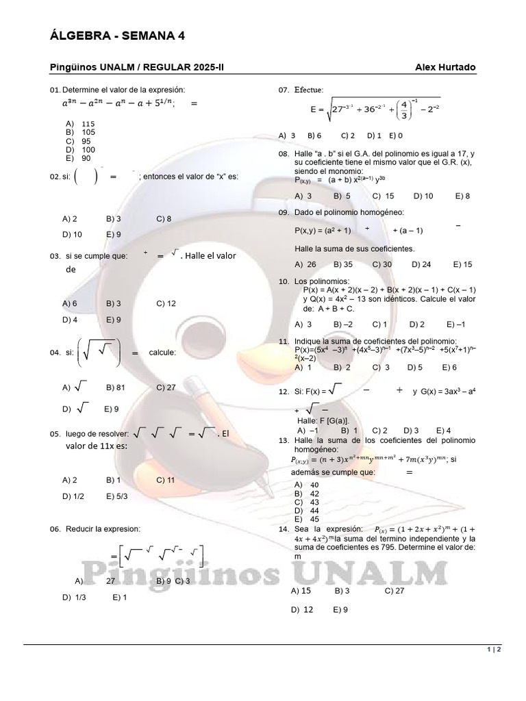 Álgebra - Pinguinos - Unalm Regular 2025-Ii - Semana 4 | PDF | Objetos ...