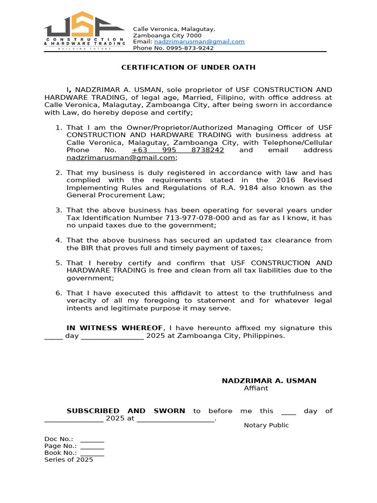 Certification of Under Oath for USF Trading | PDF