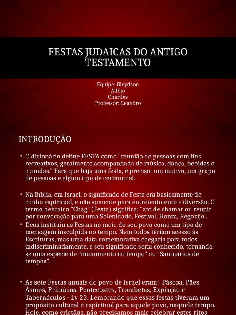 Festas Judaicas no Antigo Testamento | PDF | Páscoa judaica | Pentecostes