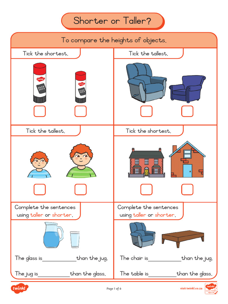 Taller and Shorter Worksheet for Grade 1 | PDF