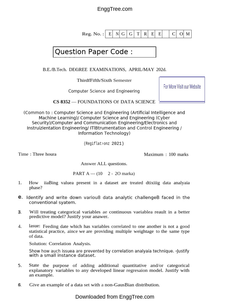 CS3352 Foundations of Data Science Apr May 2024 Question Paper Download ...