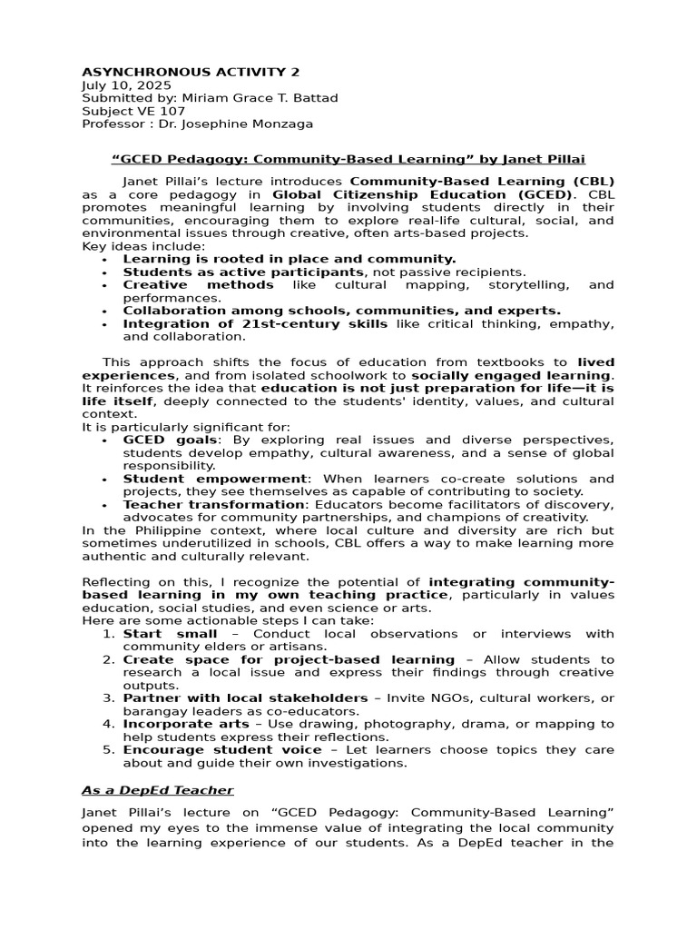Asynchronous Activity 2 Ve 107 Miriam Grace T. Battad | PDF | Learning | Pedagogy
