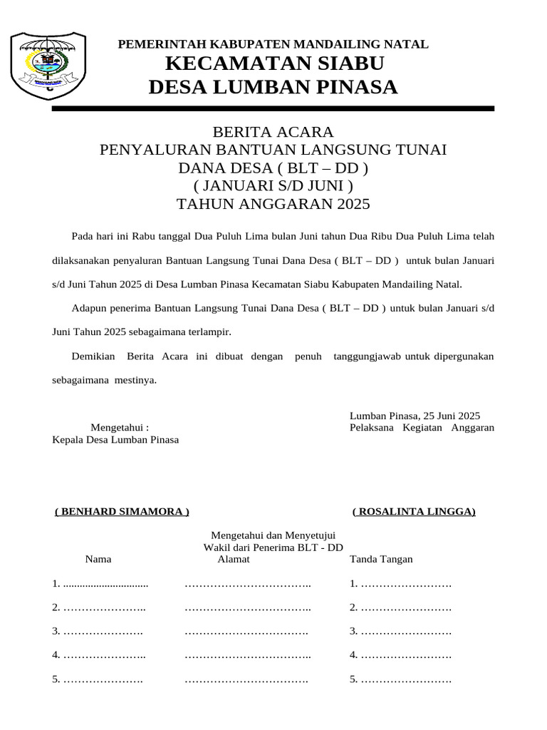 Penyaluran BLT-DD Desa Lumban Pinasa 2025 | PDF
