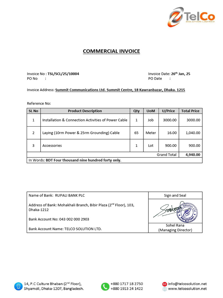 Commercial Invoice for Power Cable Services | PDF