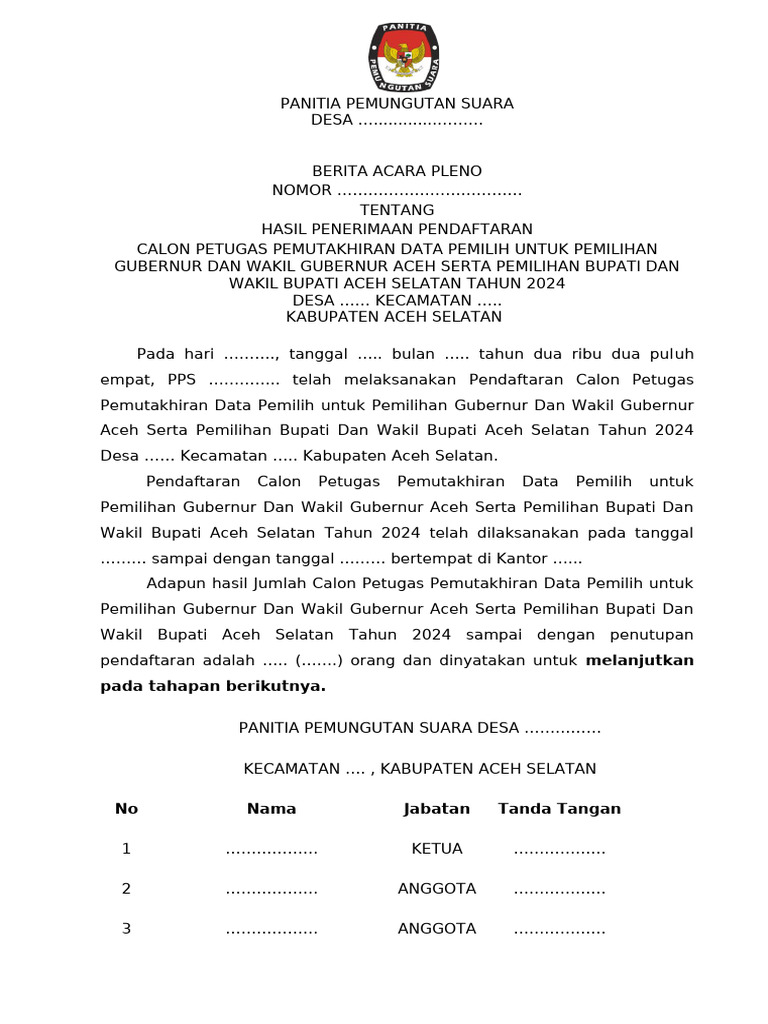 Berita Acara Hasil Penerimaan Pendaftaran Pantarlih | PDF