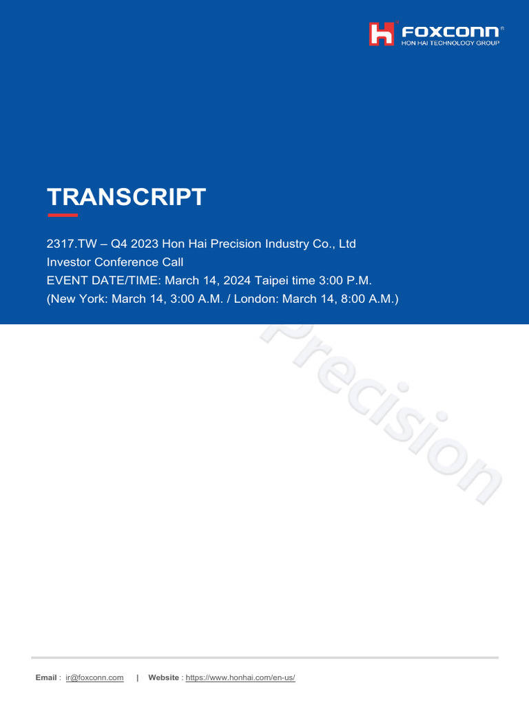 Hon Hai 4Q23 Results Transcript English | PDF | Data Center | Integrated Circuit