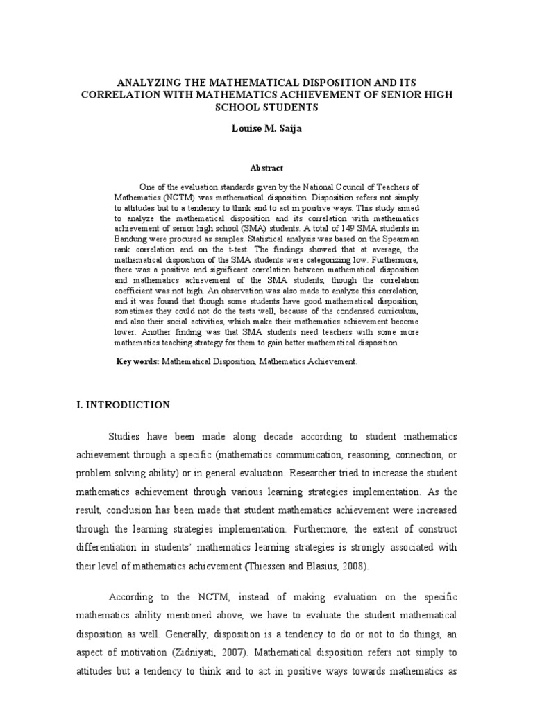 Correlation of Disposition and Math Achievement | PDF | National ...