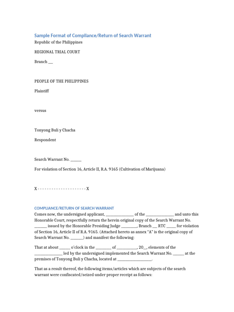 Compliance Return Search Warrant Tonyong | PDF | Search Warrant | Common Law