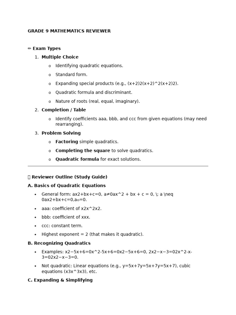 Grade 9 Math: Quadratic Review Guide | PDF