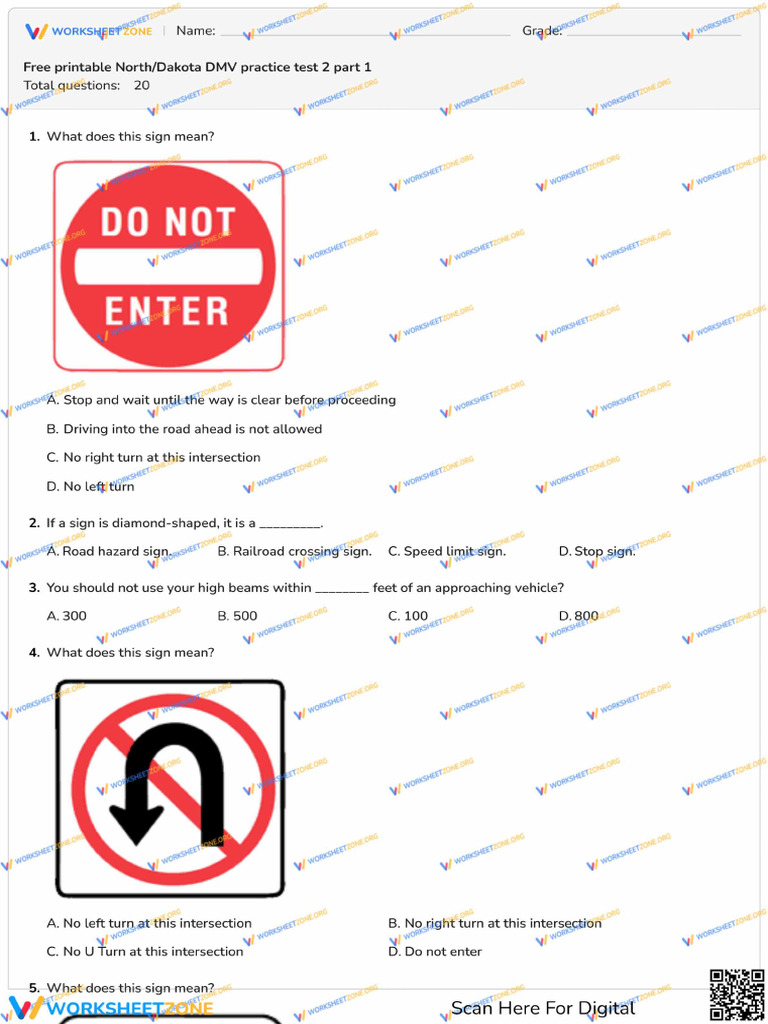 Free Printable North - Dakota DMV Practice Test 2 Part 1 | PDF