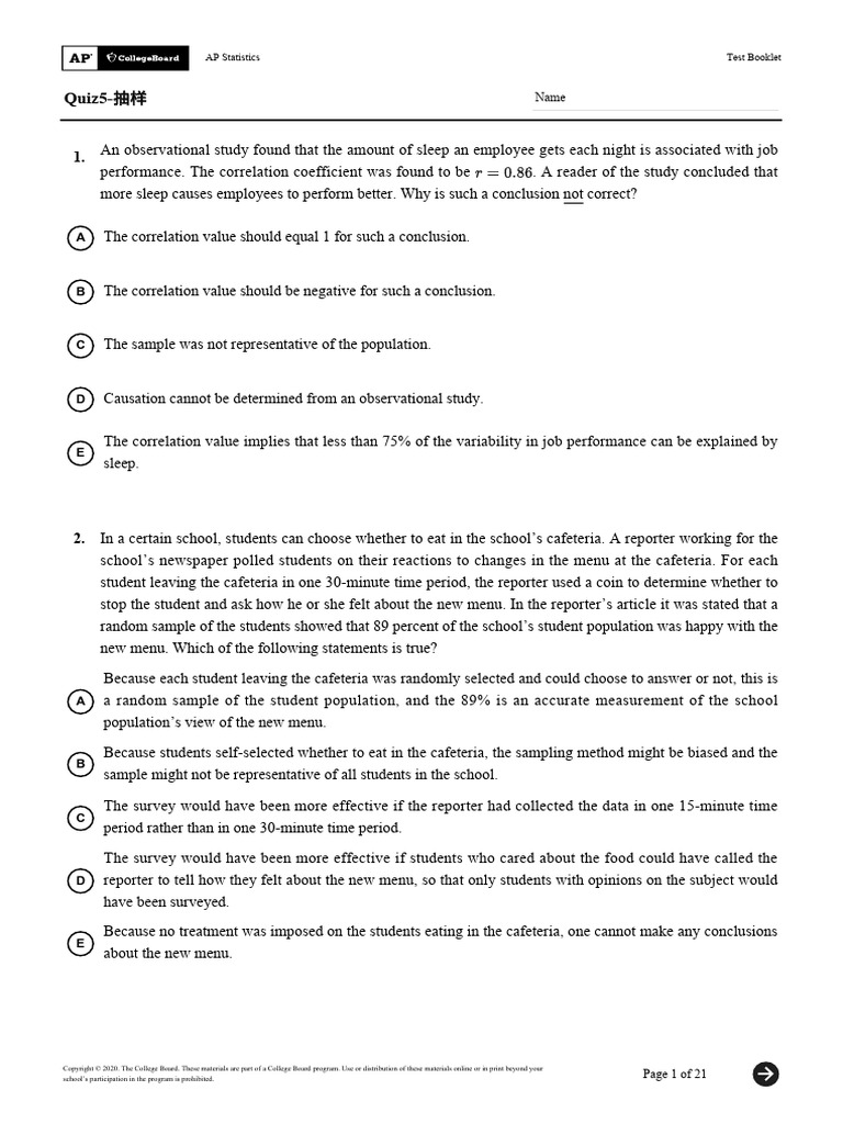 Sampling Methods in AP Statistics Quiz | PDF | Sampling (Statistics ...