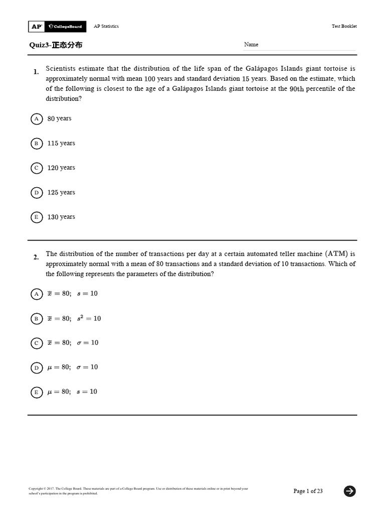 Normal Distribution Quiz for AP Statistics | PDF | Percentile ...