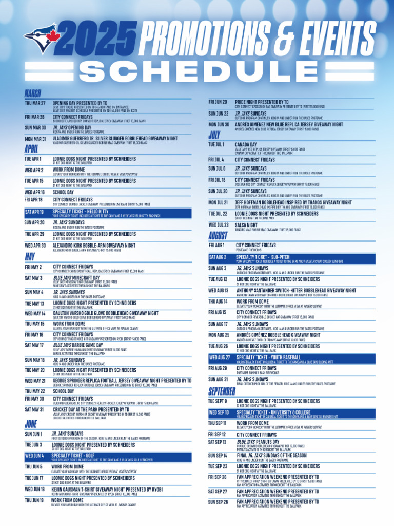 Toronto Blue Jays 2025 Promotions Events Schedule | PDF