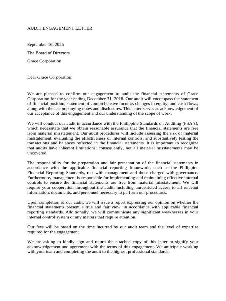 Grace Corporation Audit Engagement Letter | PDF | Audit | Internal Control