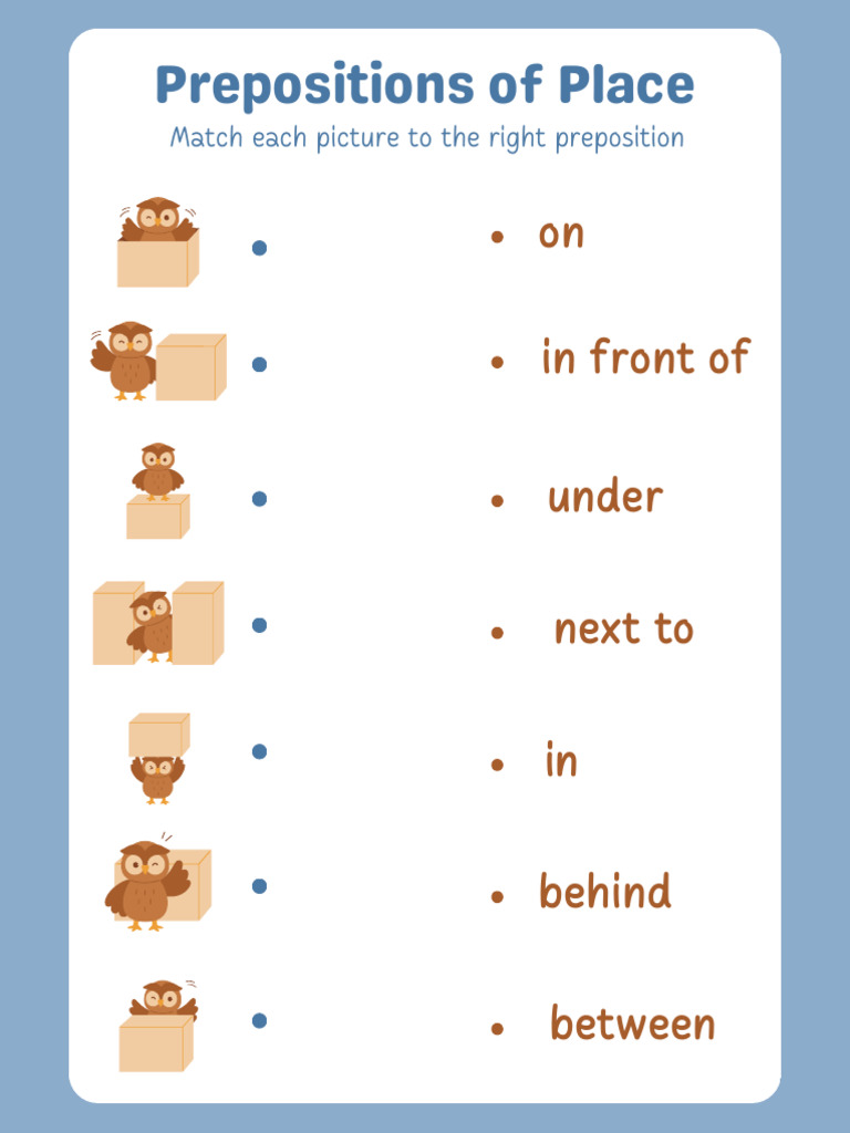 Light Blue Brown Cute Illustration Prepositions of Place Owl Matching ...