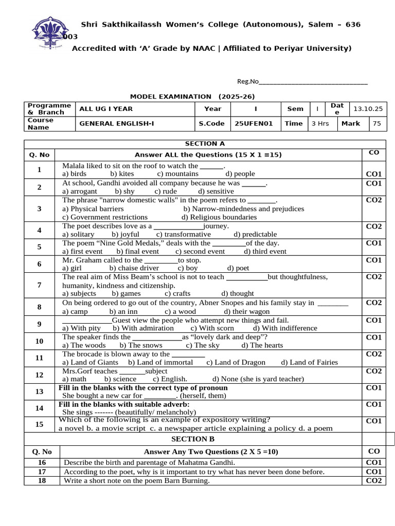 General English-I Model Exam Answers Key | PDF | Pupa | Insects