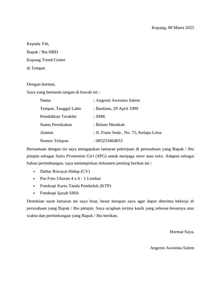 Contoh Surat Lamaran Kerja SPG Atau SPB | PDF