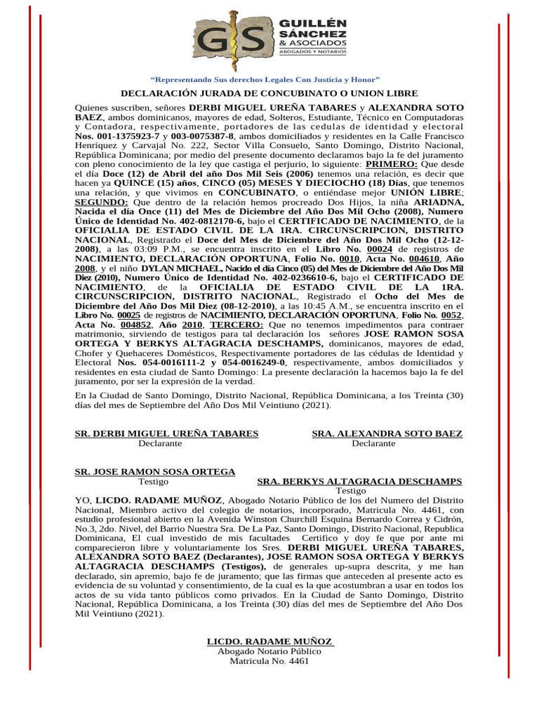 Declaración Jurada de Union Libre o Concubinato - Derbi Miguel Ureña Tabares (Derby) | PDF