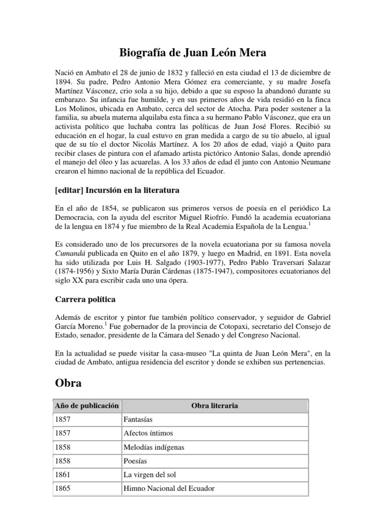 Biografía de Juan León Mera | PDF | Informática y tecnología de la información | Enseñanza de ...